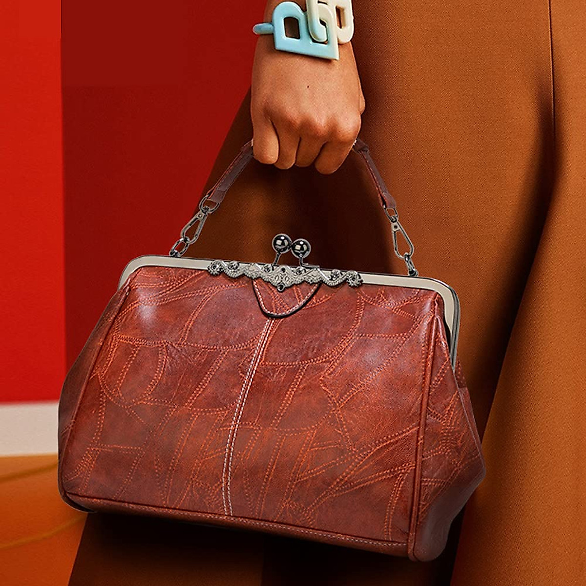 ROUROU Retro Hollow Handbag for Women PU Leather Shoulder Bag Evening Clutch Bag Kiss Lock Closure Crossbody Bag Purse