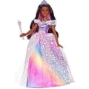Barbie Dreamtopia Royal Ball Princess Doll, Brunette Wearing Glittery Rainbow Ball Gown, with Brush and 5 Accessories, Gift for 3 to 7 Year Olds
