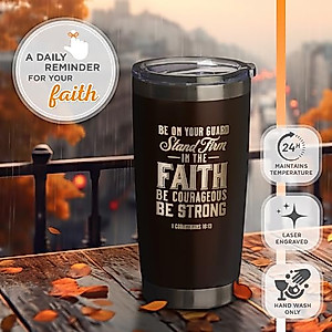 Christian Art Gifts Stainless Steel Double Wall Vacuum Insulated Tumbler 18 oz Brown Travel Mug with Retractable Lid for Women & Men Inspirational Bible Verse - Stand Firm -1 Corinthians 16:13