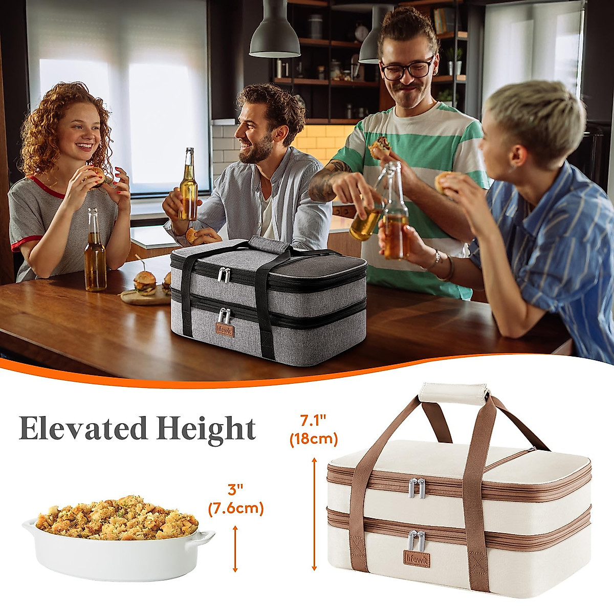 Lifewit Expandable Insulated Casserole Carrier for Hot or Cold Food, Double Decker Food Bag Lasagna Holder Carry Tote for Potluck Parties/Picnic/Cookouts, Fits 9"x13" Baking Dish, Cream