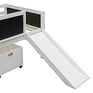 CITYLIGHT Low Loft Bed with Slide,Wood Twin Loft Bed for Kids,Loft Bed Twin with 2 Toy Boxes and Decorative Guardrail Chalkboard, Junior Loft Bed Frame for Girls Boys Toddler,White