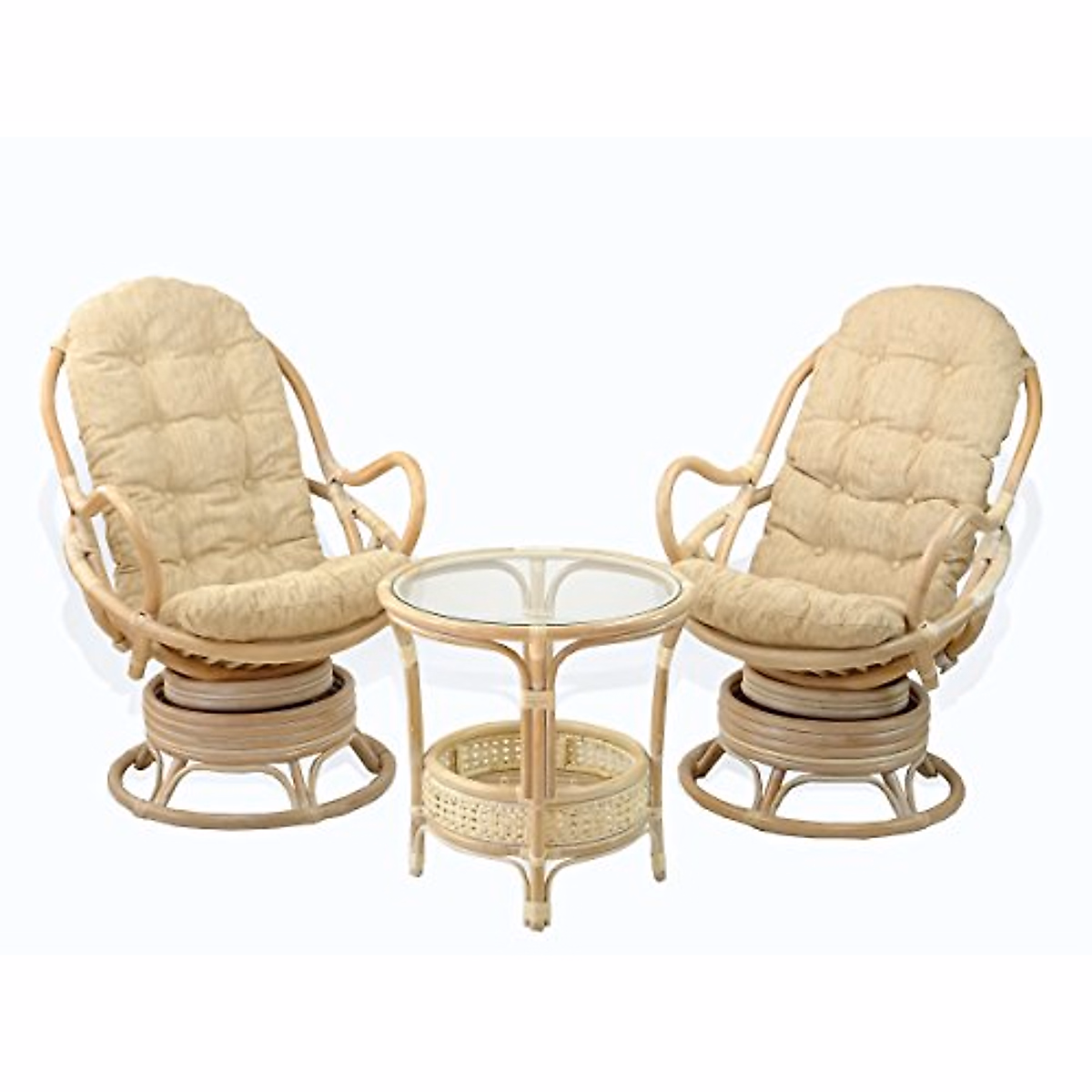 SK New Interiors Lounge Swivel Rocking Java Chair Rattan Wicker Handmade with Cream Cushion, White Wash