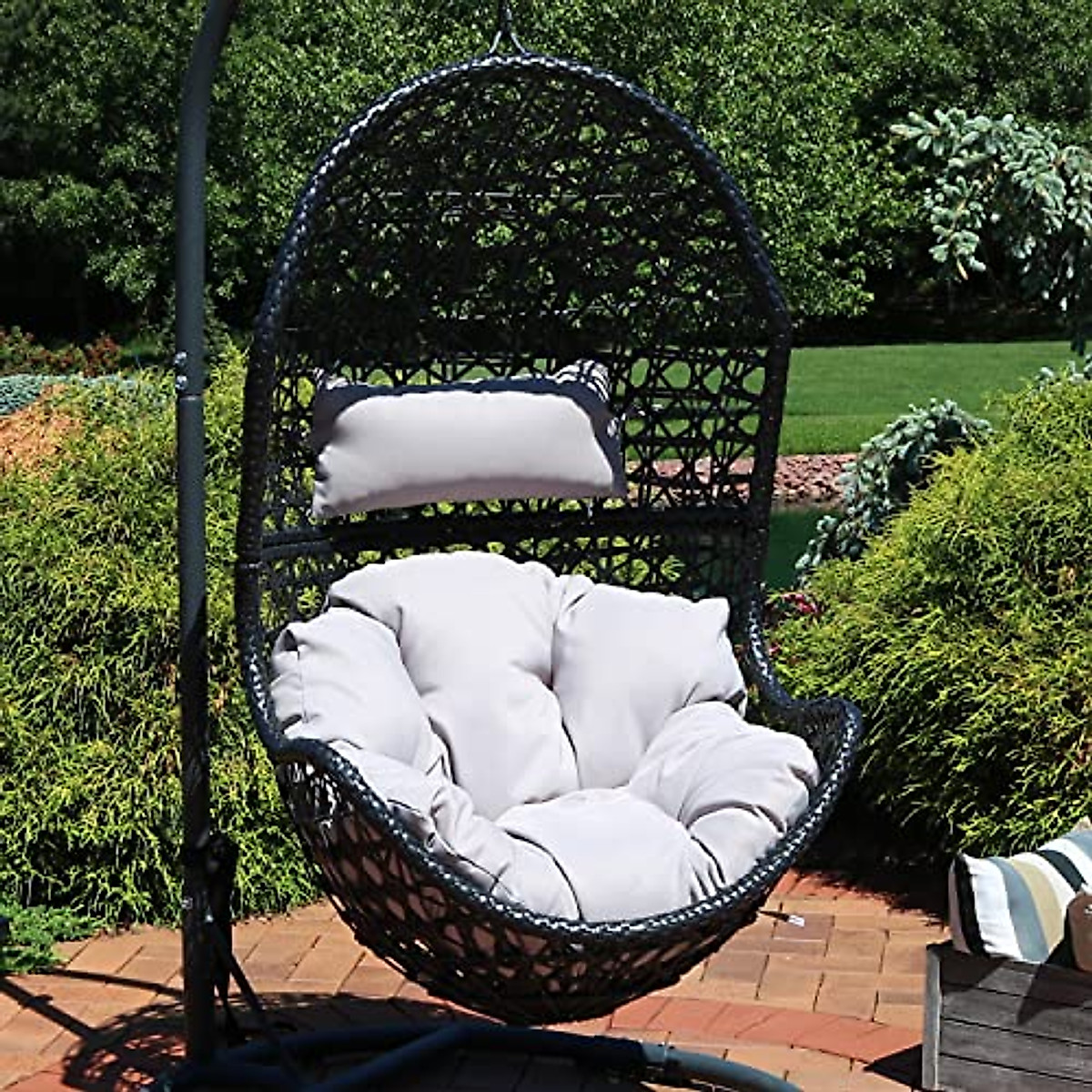 Sunnydaze Cordelia Hanging Egg Chair - Resin Wicker - Outdoor Large Basket Design Patio Lounge Chair - All-Weather Construction - Includes Gray Cushion and Headrest