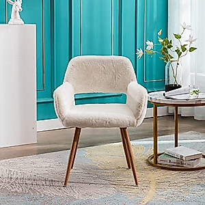 KCC Furry Desk Chair, Mid-Century Modern Accent Faux Fur Chair for Teen Girls, Comfy Armchair with Wood Look Metal Legs for Living Dining Room, Home Vanity Makeup Office Desk Chair No Wheel, White