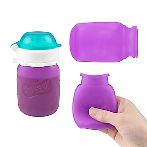 Purple 3.5 oz Squeasy Snacker Spill Proof Silicone Reusable Food Pouch - for Both Soft Foods and Liquids - Water, Apple Sauce, Yogurt, Smoothies, Baby Food - Dishwasher Safe