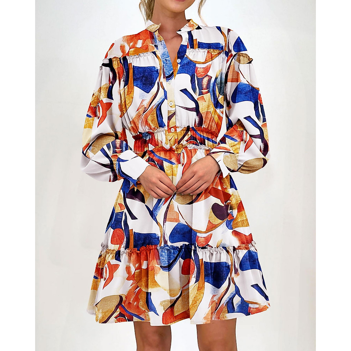 KIRUNDO Women Long Sleeve Dress Button Up Oil Mottled Print Exotic Dresses Casual Loose Elastic Waist A Line Short Dress Party Dress Homecoming Dresses(Blue, Small)