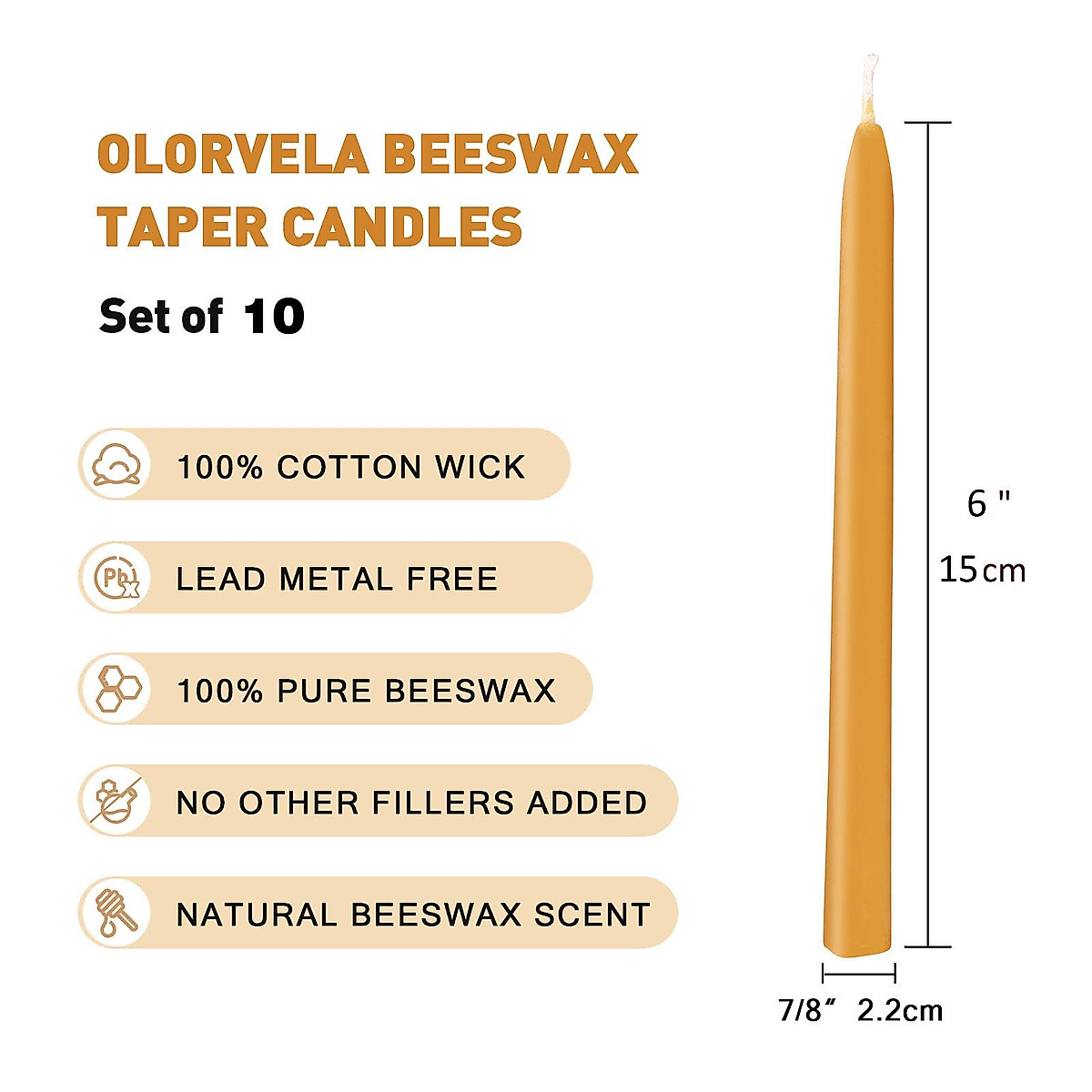 olorvela Beeswax Candles Beeswax Taper Candles Beeswax Candle Sticks 100% Pure Natural Bees Wax Candles for Home Each Burn 6Hrs, 6inch 10Pack