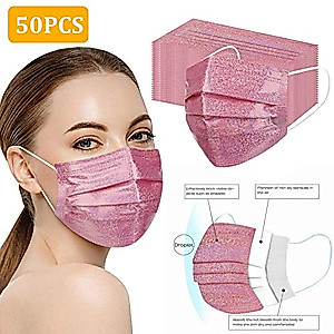 Glitter Disposable Face_Masks for Women,Pretty Sparkly Bronzing for Holiday Party Wedding-Pink White Gold Rainbow 50Pcs (50pc-Pink)