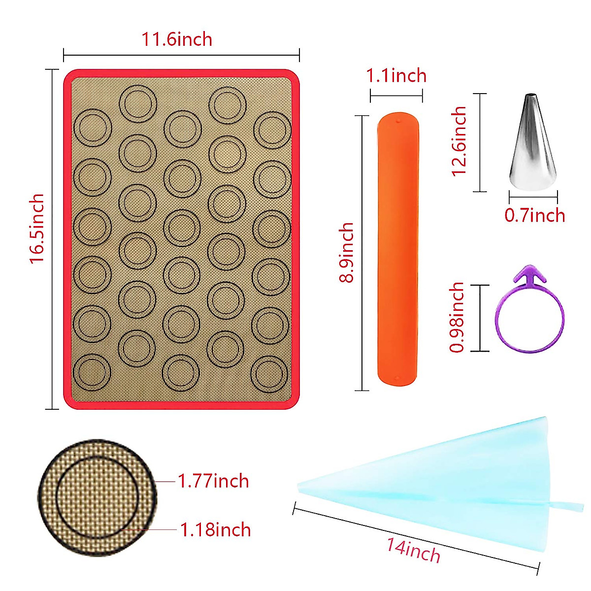 Macaron Silicone Baking Mats, Jsdoin Reusable Nonstick Macaron Parchment Paper, Baking Supplies Set, Include 2 Sheet Macaron Parchment Paper(16"x11.8"), 12 Piping Tip, 2 Piping Bag and 2 Bag Tie