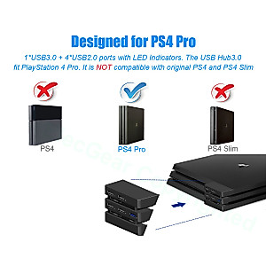 PS4 Pro USB Hub 3.0 - ElecGear 5-ports USB Extender Extension Adapter Splitter with LED indicator for PSVR Headset, Hard Drive Storage Expansion, Controller Charger for PlayStation 4 Pro