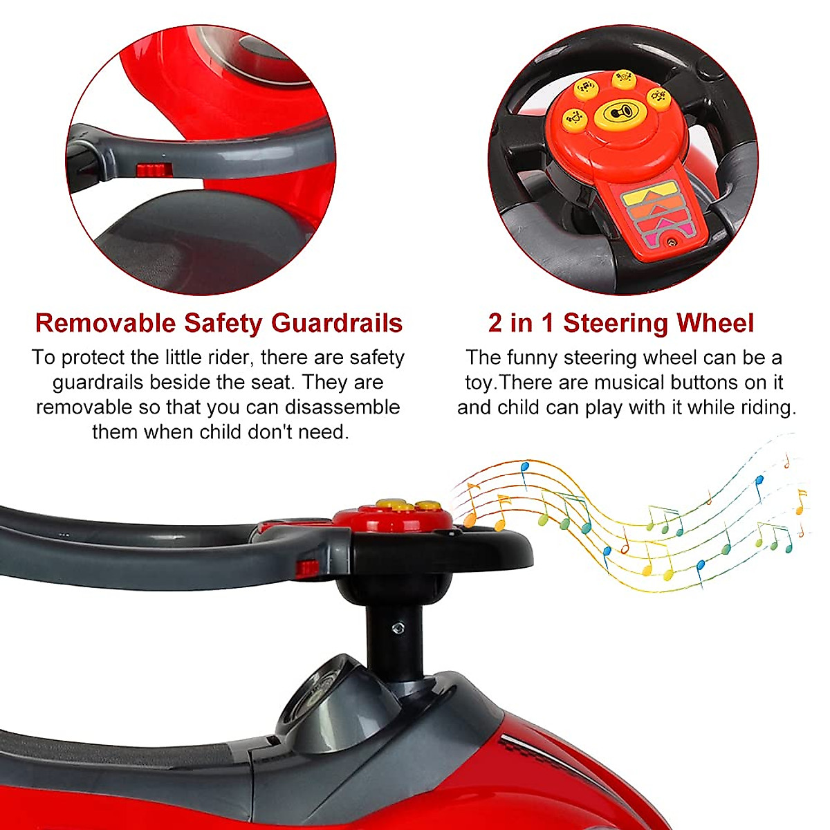 ChromeWheels 3 in 1 Ride on Toys Push Car with Guardrail, Mega Car for Toddlers, w/Handle, Horn, Music, Color Red