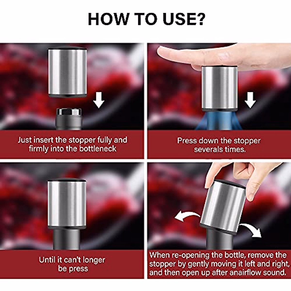 Wine Stopper, [𝐊𝐞𝐞𝐩𝐢𝐧𝐠 𝐅𝐫𝐞𝐬𝐡] Vakoo Vacuum Leakproof Wine Bottle Stopper, Reusable Wine Sealer, Wine Corks Keeps Fresh, Gifts for Wine Lovers for Christmas Anniversary