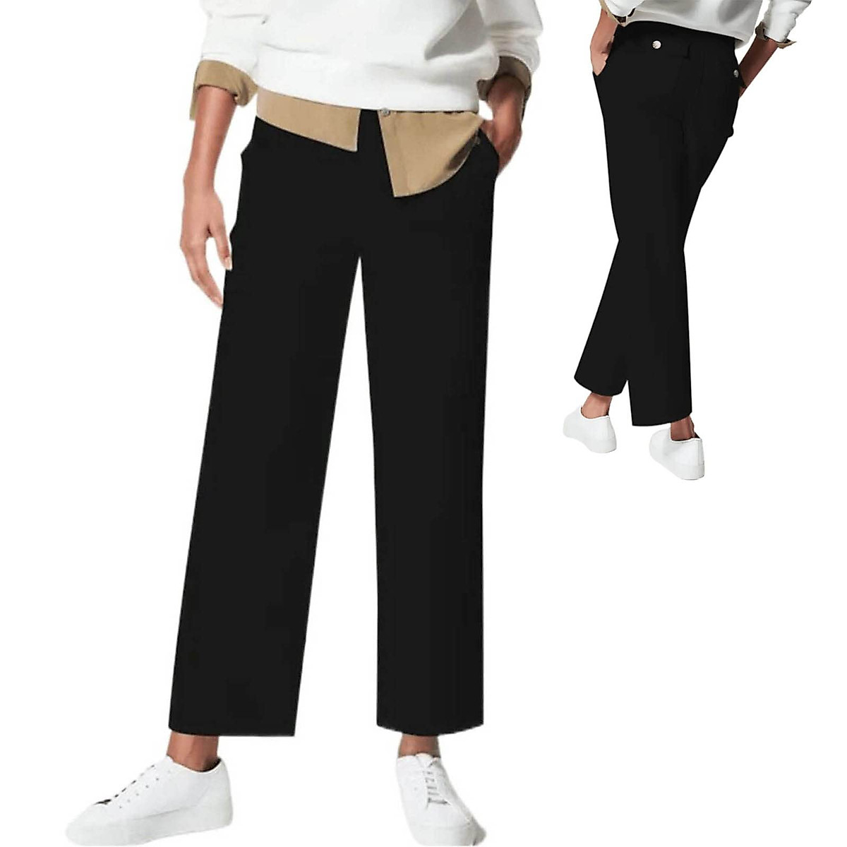 Women High Waist Casual Wide Leg Long Linen Palazzo Pants Trousers Stretch Twill Cropped Plus Size Pants (Black, XL)