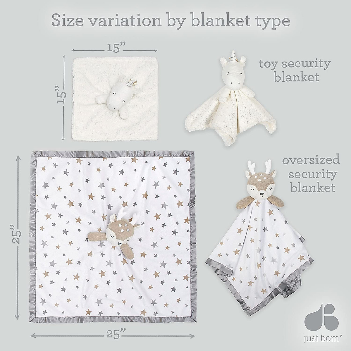 Just Born Boys and Girls Newborn Infant Baby Toddler Nursery Cuddleplush Toy Animal Security Blanket, Gray Elephant, One Size