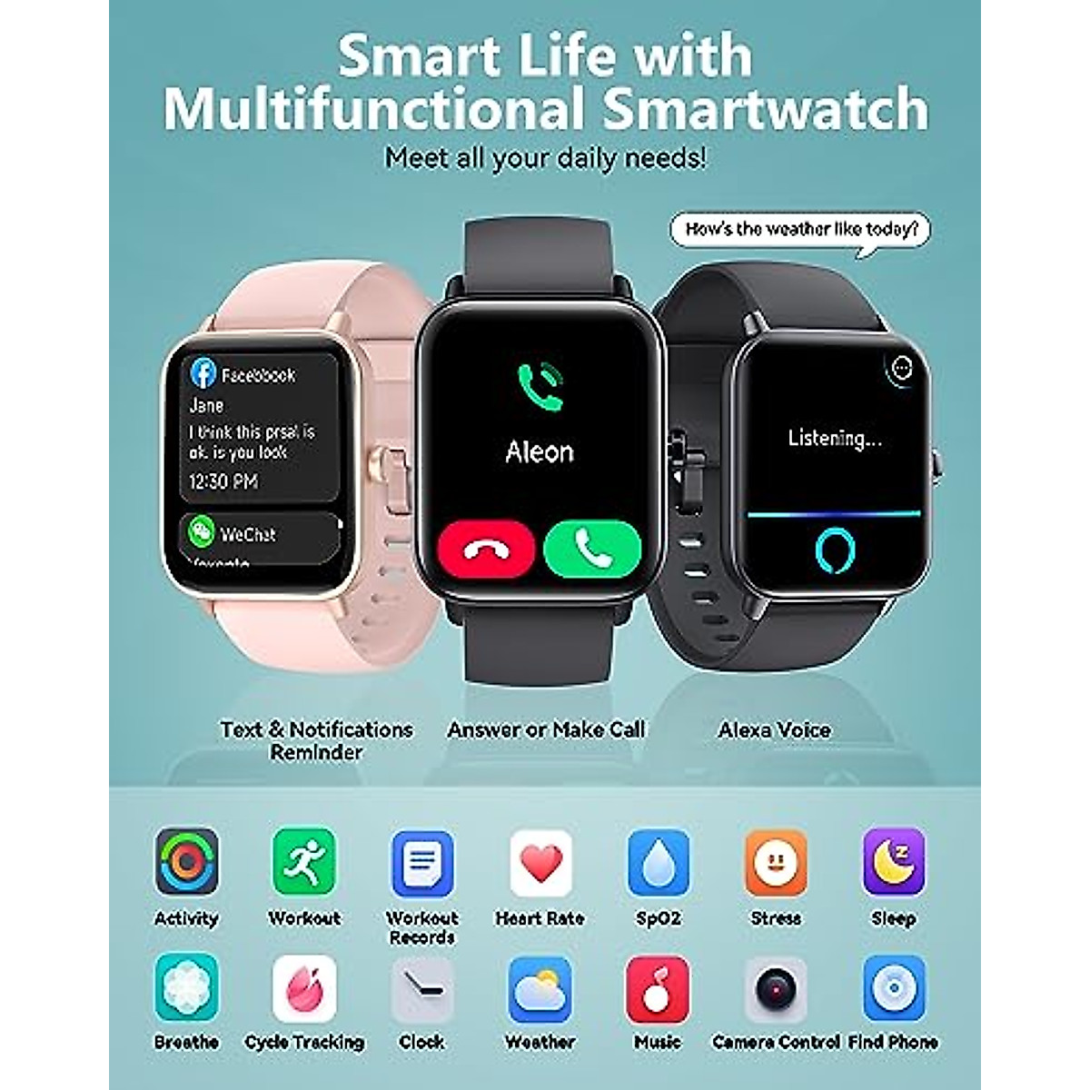 Smart Watch for Men Women with Bluetooth Call/Alexa Voice, 1.8 Inch Waterproof Fitness Tracker Smartwatch,Steps/Calorie/SpO2/Heart Rate/Sleep Monitor, 7-Day Battery Life, iOS Android Phone Compatible