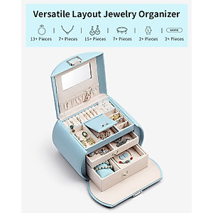 Vlando Jewelry Box for Girls Princess Style Girls Jewelry Box 3-Layer Kids Jewelry Box with Mirror Jewelry Box for Girls 8-12 Valentines Day Gifts for Her (Blue)