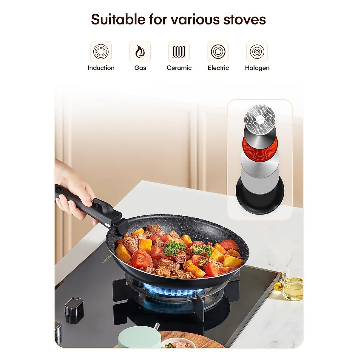 FOHERE 8pcs Pots and Pans Set with 2 Detachable Handles, Aluminum Nonstick Cookware Set, Induction Pan Set, RV Cookware Set, Oven Safe, Stackable