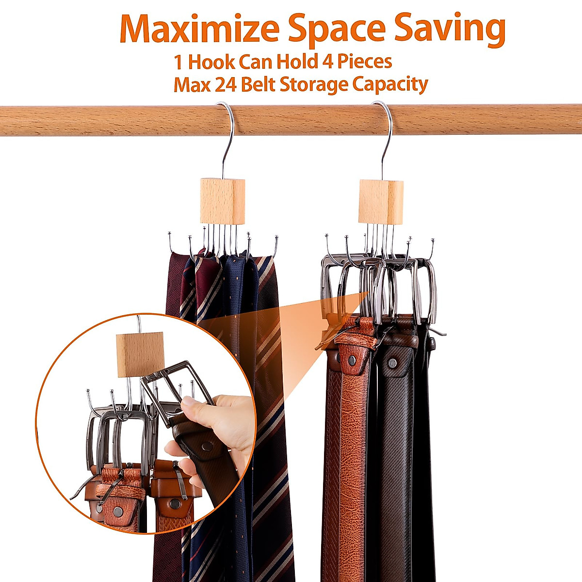 ELONG HOME Belt Organizer, Wooden Block Belt Hanger Closet Organizers and Storage, Belt Rack with 6 Hooks, 2 Pack Tie Hangers