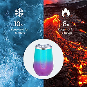 MEWAY Stemless 12oz Insulated Wine Tumbler with Lid and Straw - Double Wall Stainless Steel Thermal Cup for Hot and Cold Drinks, Travel wine glass, Bridal and Baby Shower Game Prizes(Glitter Aurora,1)