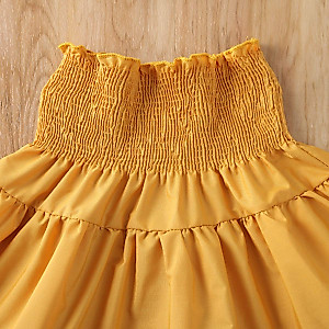 LXXIASHI 3PCS Toddler Baby Girl Off Shoulder Ruffle Crop Top + Maxi Long Skirt + Headband Outfits Set (White Yellow, 3-4 Years)