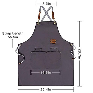 Chef Apron,Cross Back Apron for Men Women with Adjustable Straps and Large Pockets,Canvas,M-XXL (Grey)
