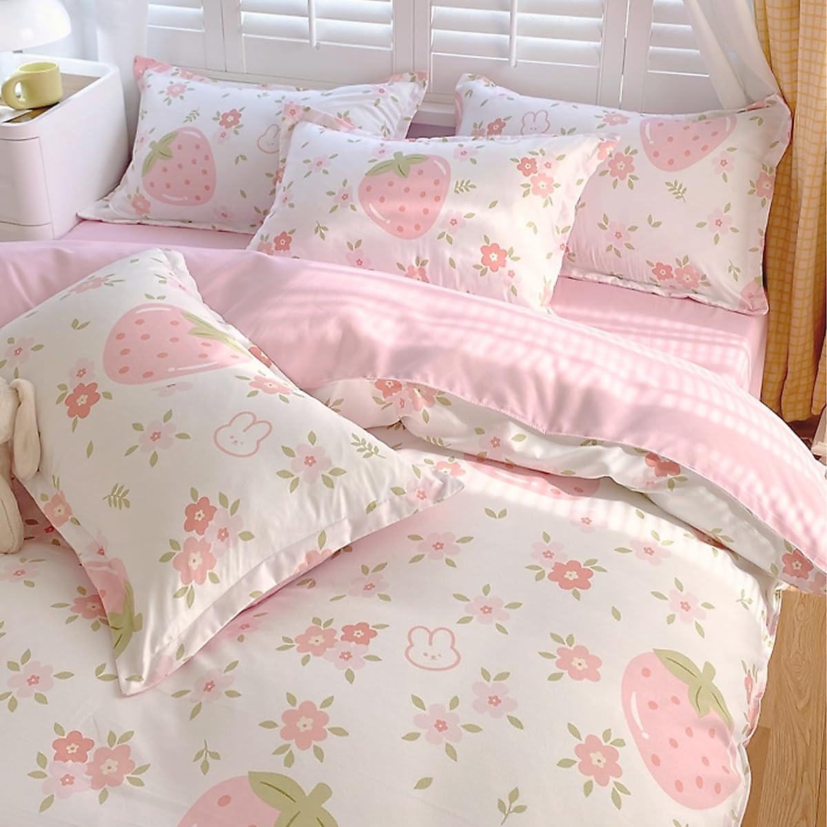 SOULZZZ White Pink Duvet Covers Queen Size - Pink Strawberry Bedding Queen Comforter Sets 3 PCS with Zipper Closure Duvet Cover & 2 Pillow Shams (No Comforter)