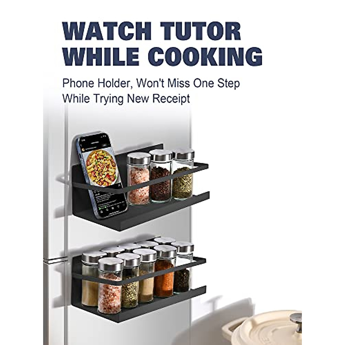 BRONYPRO Magnetic Spice Rack, 2 Pack Magnetic Shelf for Refrigerator, Large Spice Rack, Space Saver for Small Kitchen, Hanging Magnetic Storage With 4 Hooks, for Spices, Plates, Books, Plants（Black）