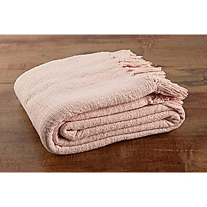 Sticky Toffee Blush Pink Woven Cotton Throw Blanket with Fringe, Textured Throw Blankets, Thick and Durable Decorative Throw, Oeko-Tex Cotton, 50 in x 60 in