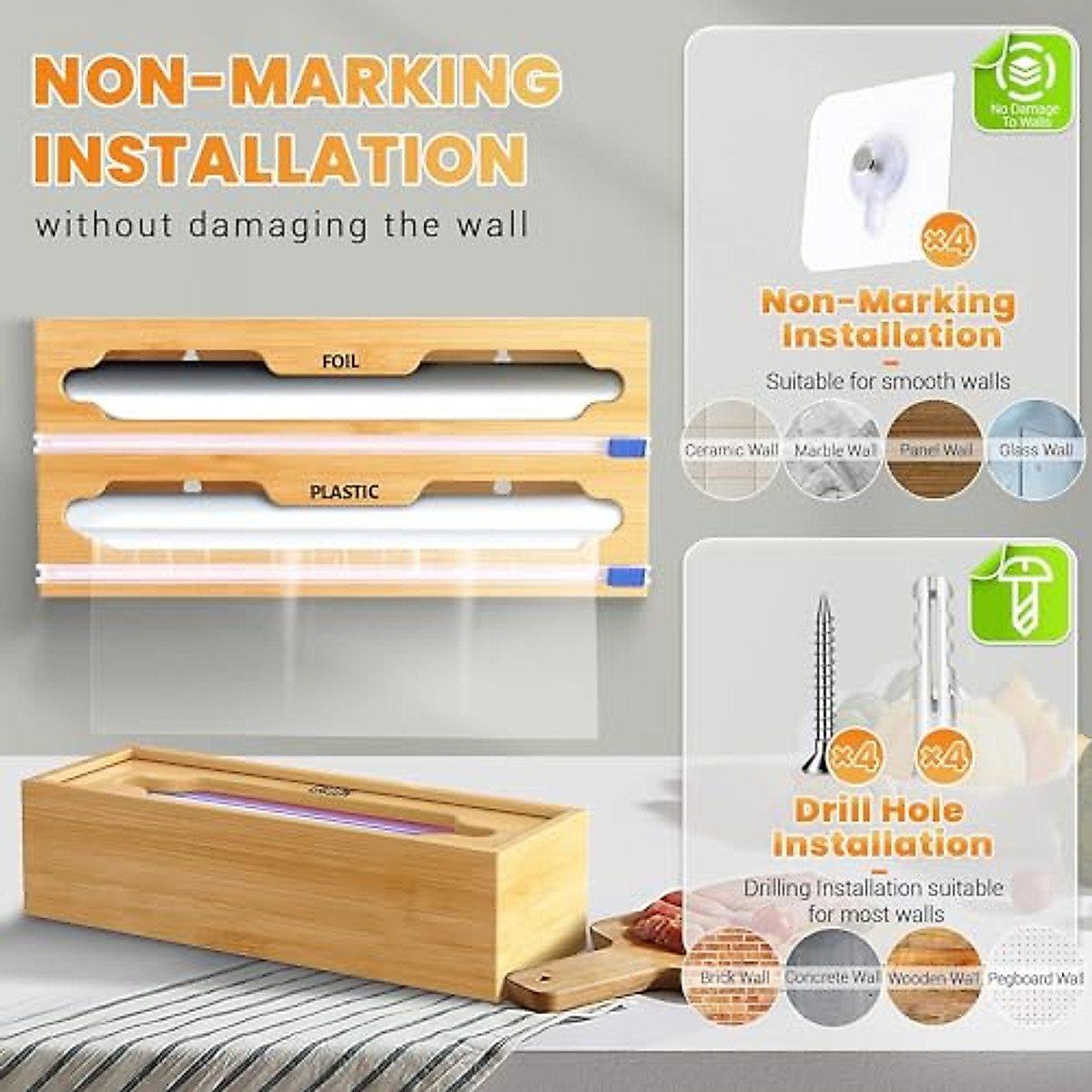 YITOBA 6 In 1 Bag Storage Organizer with Foil and Plastic Wrap Organizer, Extended Aluminum Foil Dispenser, Bamboo Baggie Organizer for Drawer, Sandwich Bag Organizer for Gallon, Quart, Snack