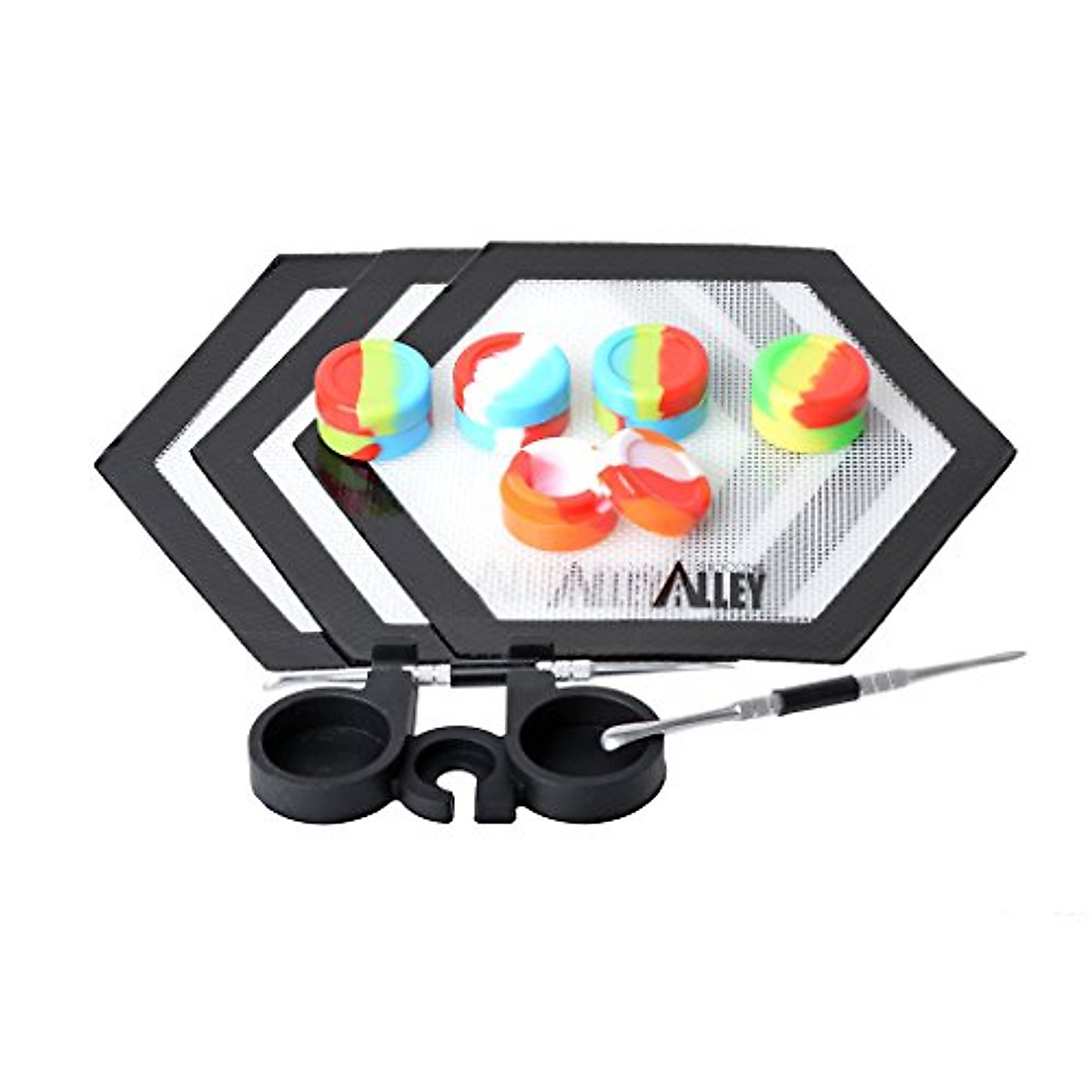 SILICONE ALLEY - 3 Non-Stick Black Hexagon Mat + 5 Tie Dye-Colored Jar Containers