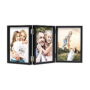 3 Picture Frame 4x6 Black Triple Hinged MDF Wood with Glass Front Three Opening Photo Frame Stand Vertical on Tabletop