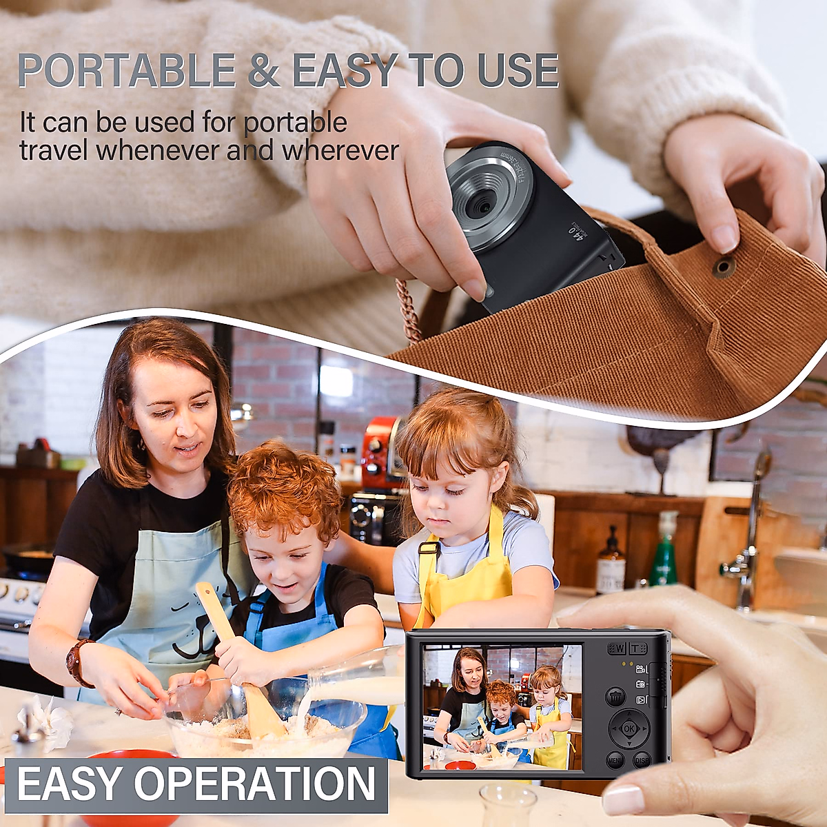 Digital Camera, Kids Camera with 32GB Card FHD 1080P 44MP Vlogging LCD Screen 16X Zoom Compact Portable Mini Rechargeable Gifts for Students Teens Adults Girls Boys