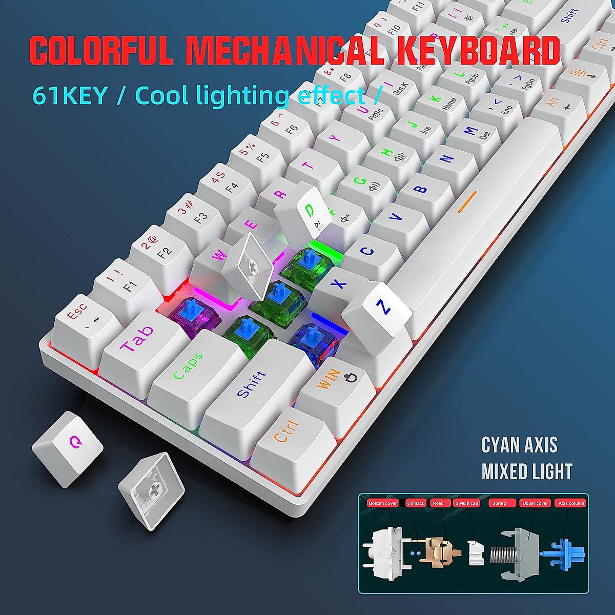 Snpurdiri Wired 60% Mechanical Gaming Keyboard, Blue Switch Anti-Ghosting 61 Key Keyboard with RGB Backlit and Double Foot, Ultra-Compact White