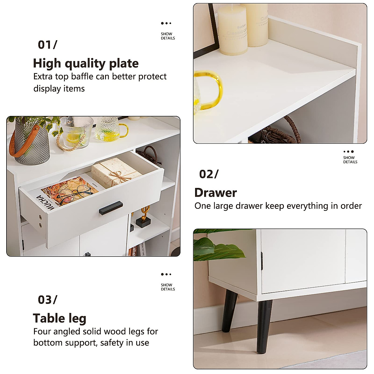 usikey Storage Cabinet, Floor Storage Cabinet with 1 Large Space, 2 Doors & 3 Shelves, Bathroom Storage Cabinet, Cabinet for Living Room, Entryway, Office, White