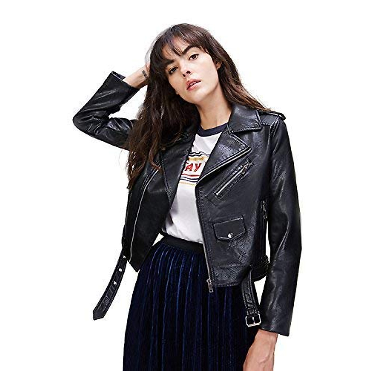 LY VAREY LIN Women's Faux Leather Motorcycle Jacket PU Slim Short Biker Coat (XL, Black)