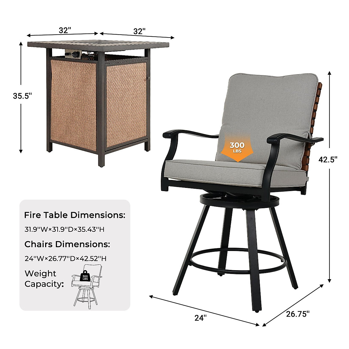 Grand patio 5-Piece Swivel Patio Bar Set with Fire Pit Table 40,000 BTU Heat Output, Leather-Look Wicker Outdoor Height Patio Bar Stools Set of 5, Patio Bar Height Chairs with High Back and Armrest