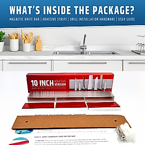 Strong Adhesive (No Drill) Magnetic Knife Holder for Wall - Professional 10 Inch Knife Strip - No Screws Needed - Adhesive Backing - Stainless Steel Knife Bar (Upgraded Version – Will Not Fall)