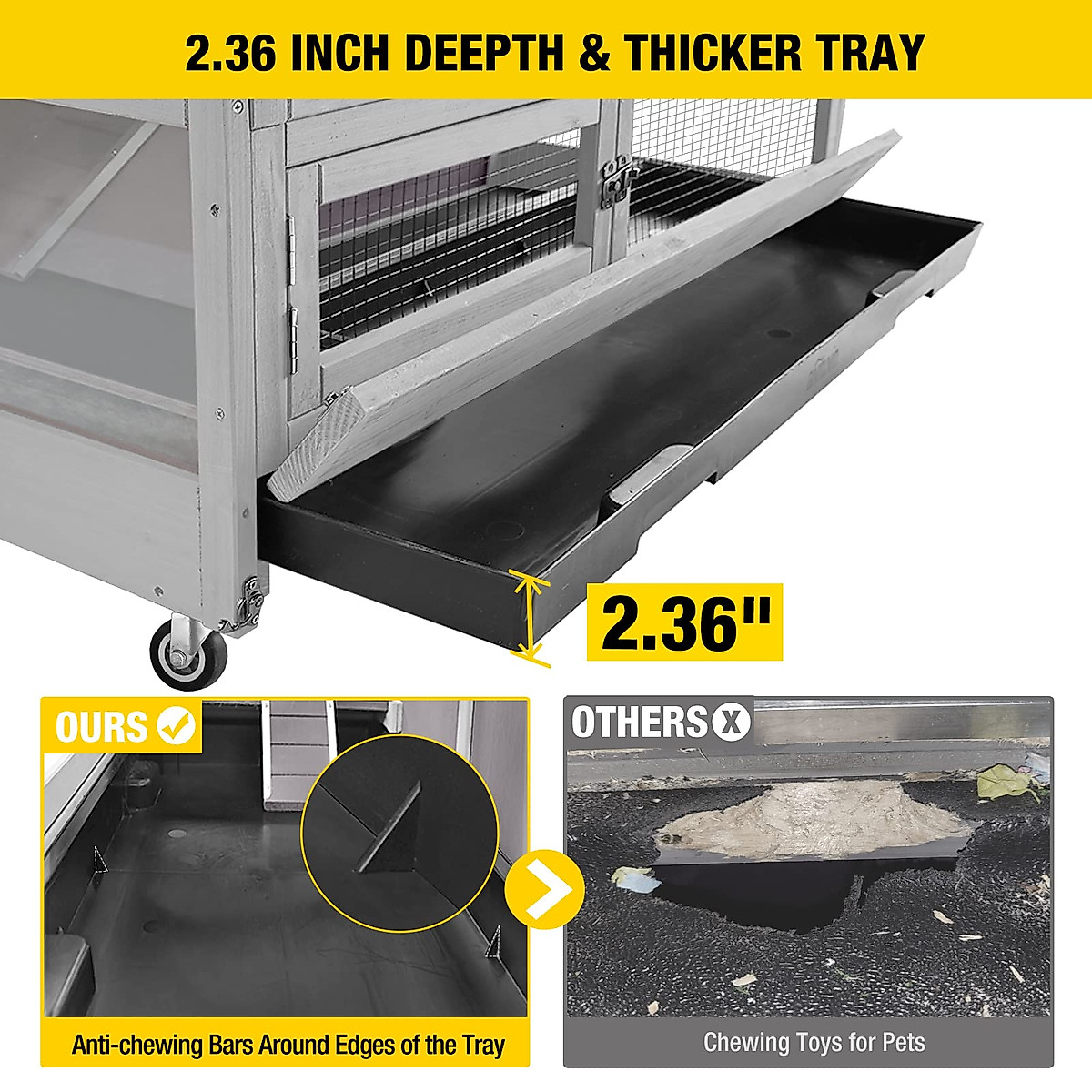 Aivituvin Guinea Pig Cage 2 Levels Wooden Rabbit Hutch with 2.36”Deeper Anti-Chewing Pull Out Tray Rat Cage with Hideout,Aluminium Alloy Edge…