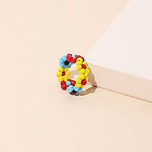 6pcs Colorful Beaded Daisy Flower Stretch Rings Set Handmade Seed Beads Multicolor Adjustable Elastic Multiple for Women Summer Beach Bohemian Holiday Jewelry