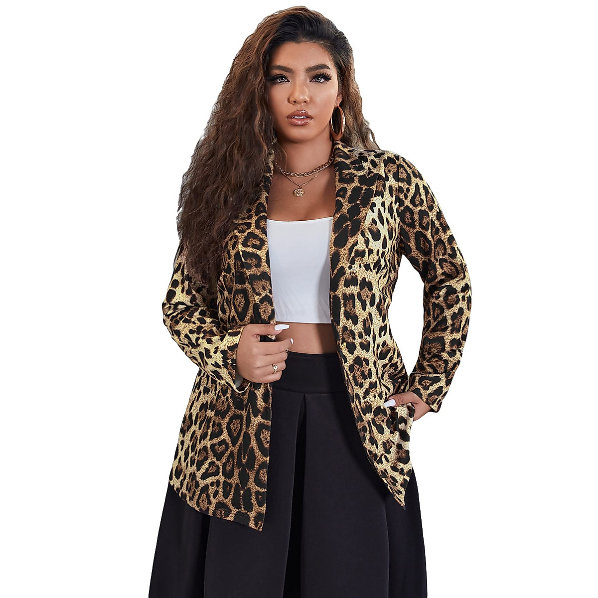 WDIRARA Women's Plus Size Leopard Print Lapel Collar One Button Party Club Blazer Multicolor 1XL