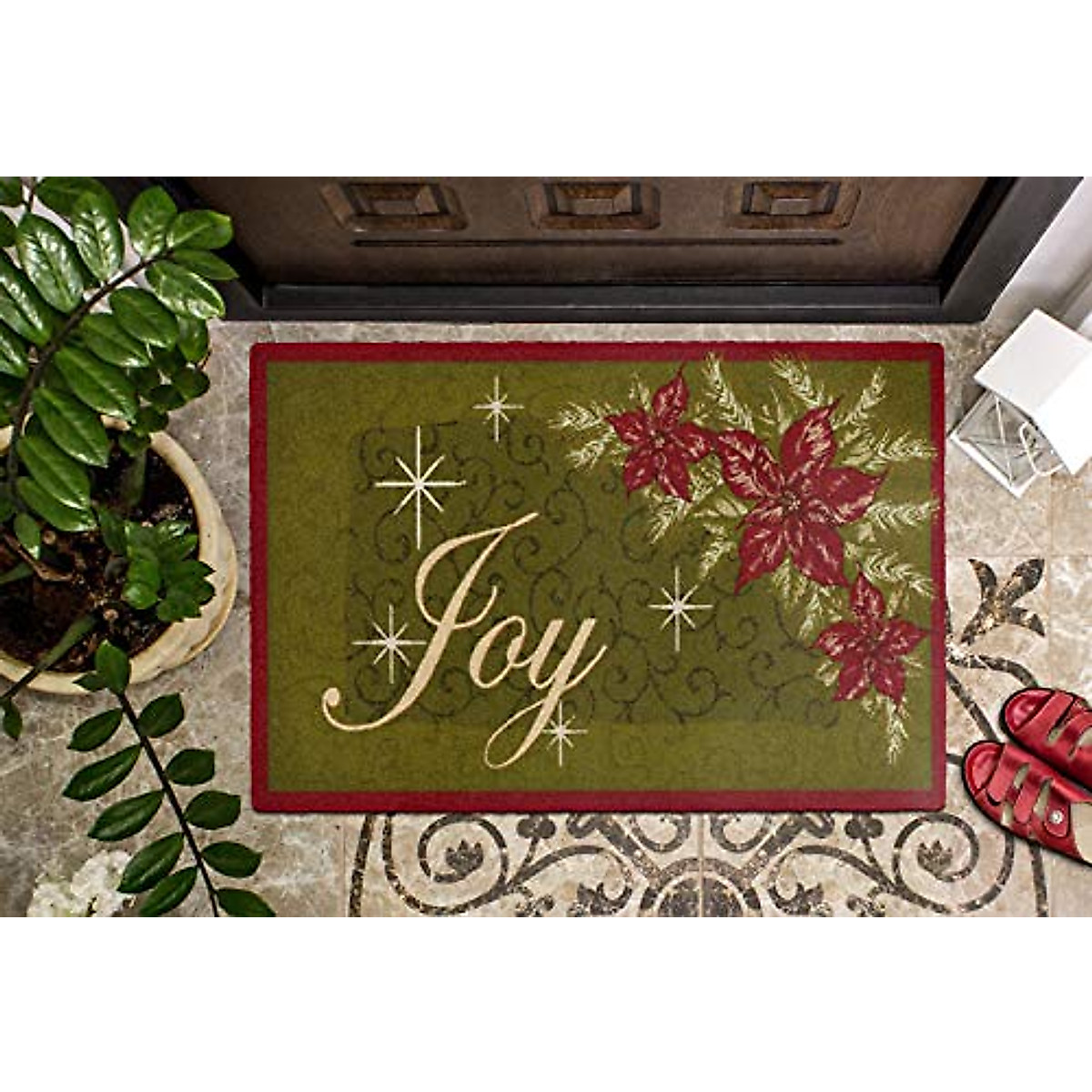 Brumlow MILLS Poinsettia Joy Holidays Washable Festive Floral Indoor or Outdoor Christmas Rug for Living or Dining Room, Bedroom and Kitchen Area, 30" x46" , Green