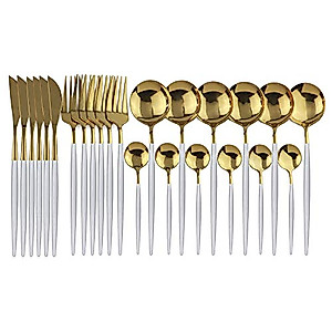 JANKNG 24-Piece Flatware Set, 18/0 Stainless Steel Knife Fork Spoon Teaspoon Silverware Set, Service for 6, White Handle Gold