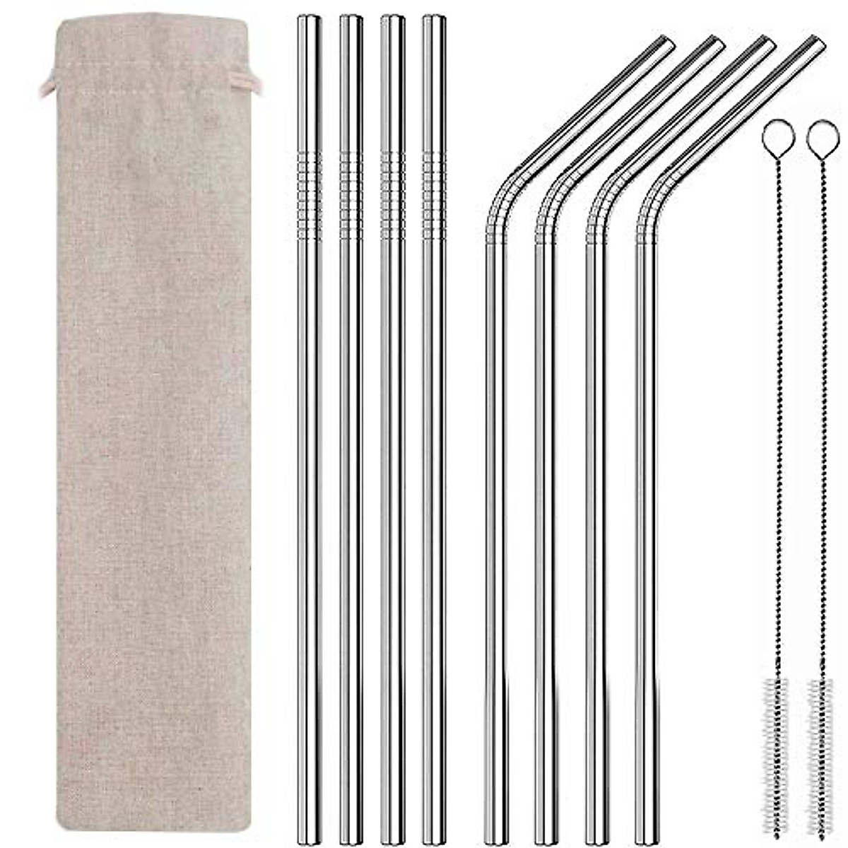 Electriduct Set of 8 Stainless Steel Reusable Metal Drinking Straws with Cleaning Brushes and Pouch. 8.5 Inch Straw fits 20 oz Yeti Rtic Tumblers
