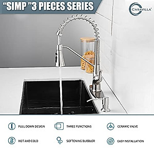 Kitchen Faucet with Soap Dispenser,Single Handle Faucet for Camper Farmhouse RV Kitchen Sink,Spring Kitchen Sink Faucets with Pull Down Sprayer and Deck Plate,Three-Function Spray Head, Brushed Nickel