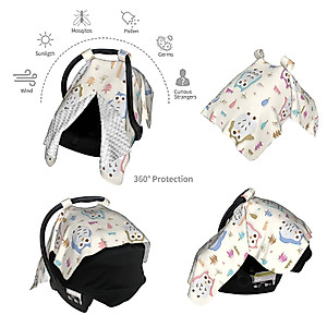Rutiea Colorful Owl Pastel Pattern Car Seat Cover for Babies, Peekaboo Opening Minky Carseat Canopy Stroller Cover for Newborn, Mom Nursing Breastfeeding Covers, Blanket for Infant Toddler