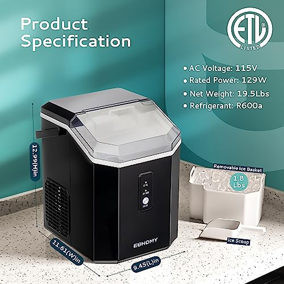 EUHOMY Nugget Ice Maker Countertop with Handle, Ready in 6 Mins, 33lbs/24H, Removable Top Cover, Auto-Cleaning, Portable Pebble Ice Maker with Basket and Scoop, for Home/Party/Camping. (Black)