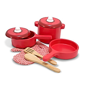 Melissa & Doug Deluxe Wooden Kitchen Accessory Set - Pots & Pans (8 pcs) , Green , H: 12 x W: 12 x D: 5