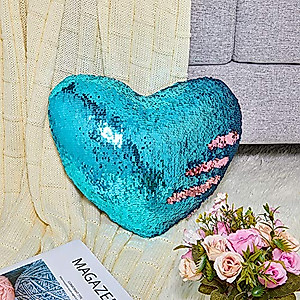 Play Tailor Sequin Heart Pillow with Insert Heart Shaped Reversible Sequins Pillows Decorative Cushion (13" X 15",Bright Green+Pink)