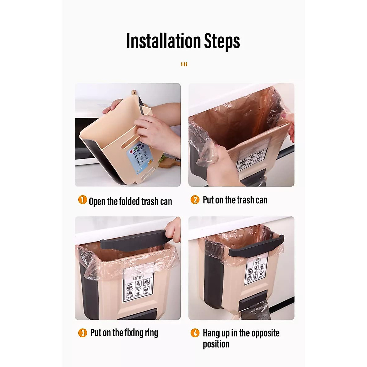 Hanging Kitchen Trash Can, 2.4 Gallon Plastic Folding Small Garbage bin, Collapsible Mini Hanging Waste Bin for Cabinet, Car, Bedroom, Bathroom, Kitchen, and Office. (Brown)