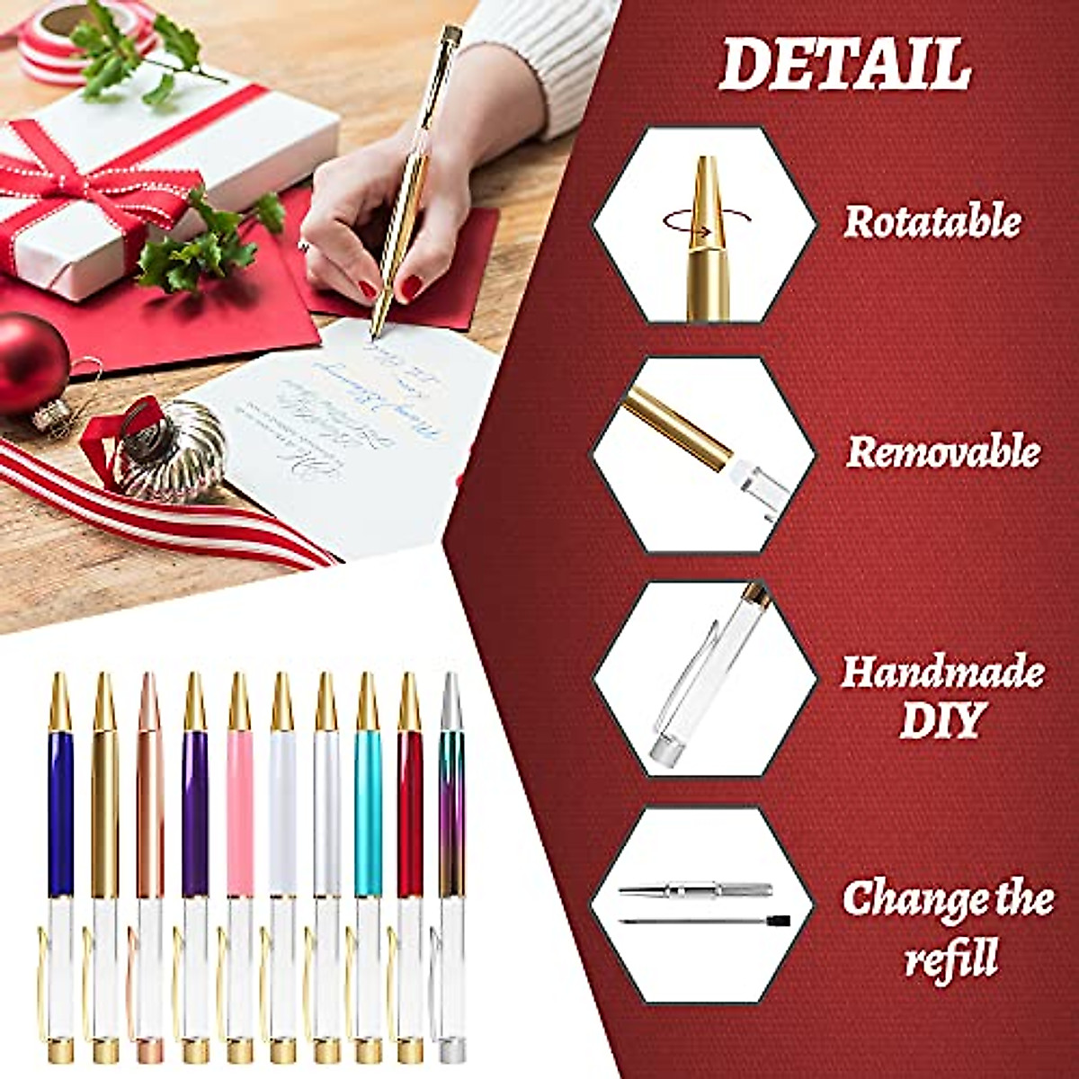 10 Pieces Empty Tube Floating DIY Pens Metal Empty Tube Ballpoint Pens DIY Glitter Liquid Sand Pens with Self Adhesive Pen Bag for Christmas Thanksgiving Favorite Gif